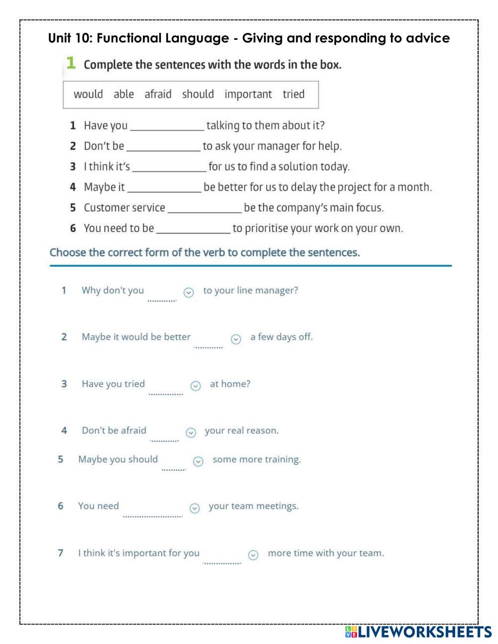 Unit 10: Functional Language - Giving and receiving advice | Live ...
