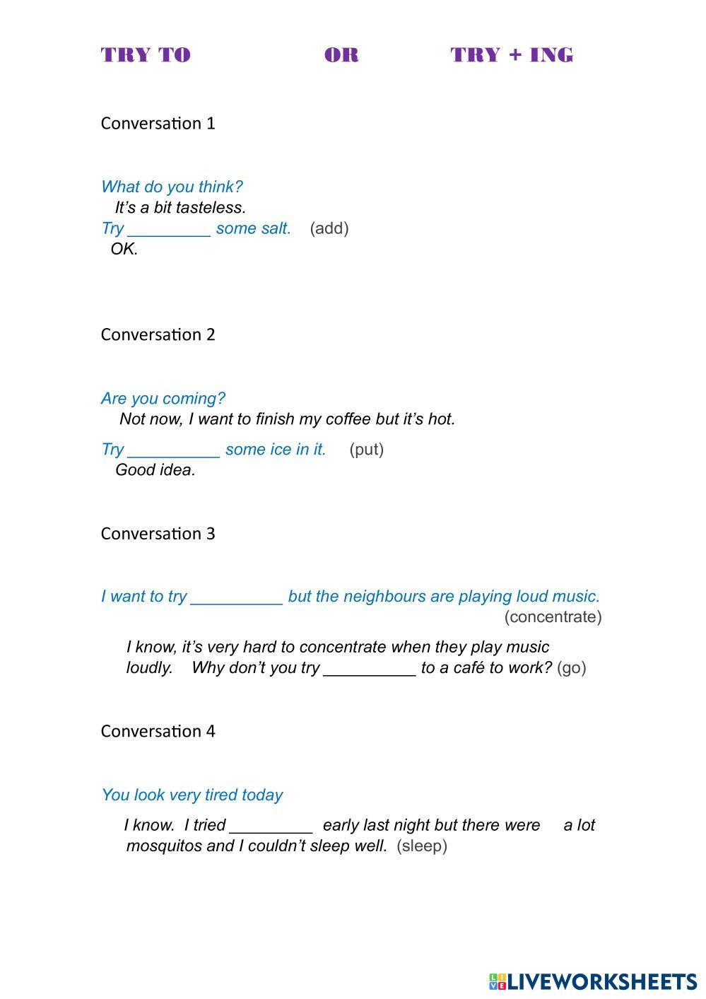 Try + ( ........ infinitive or gerund? ) | Live Worksheets