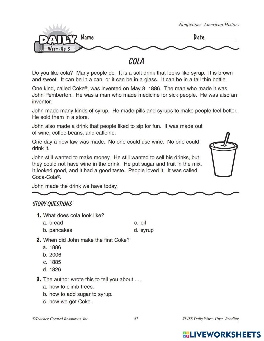 DAILY 2 - AMERICAN HISTORY - cola | Live Worksheets