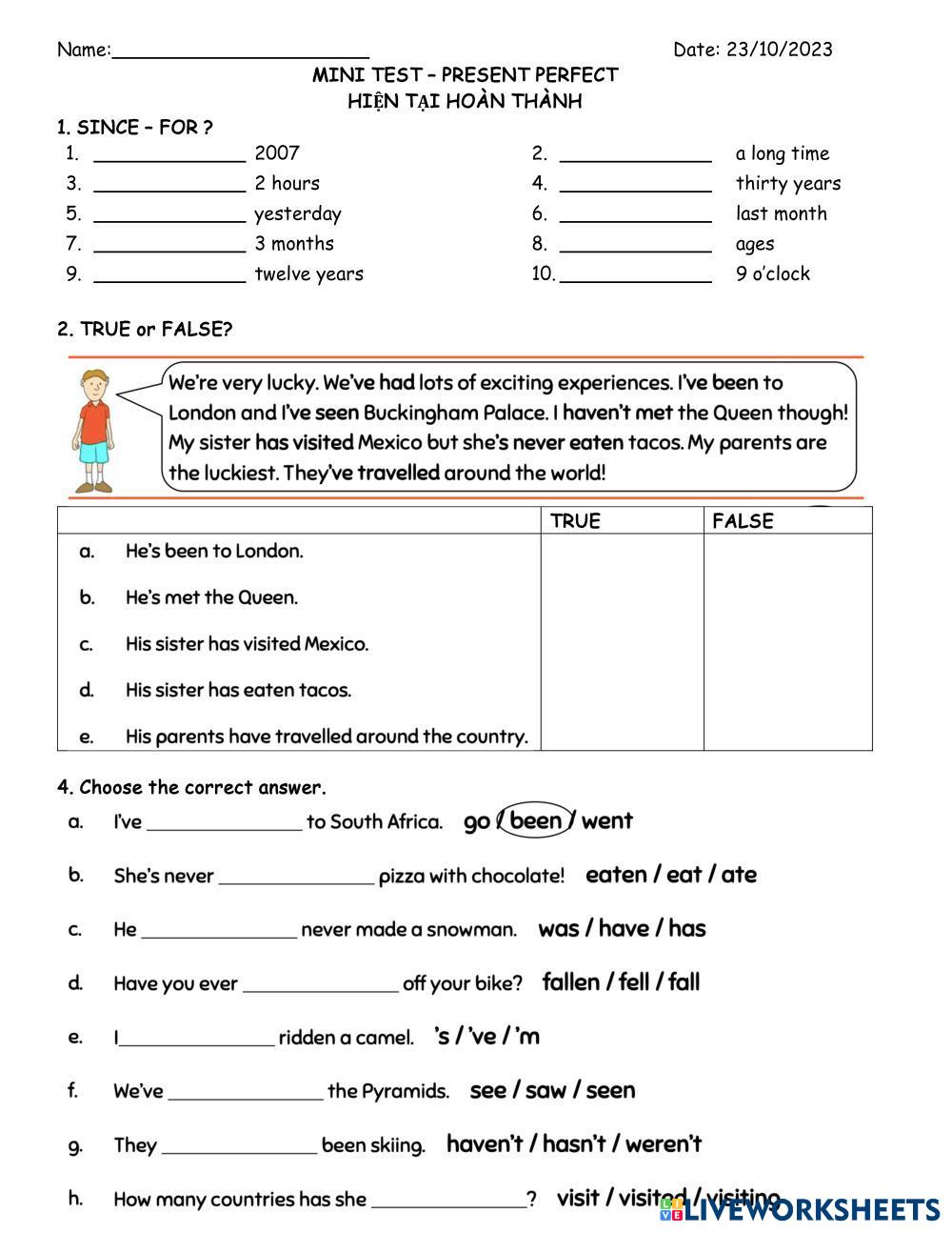 Mini Test_Present Perfect | Live Worksheets