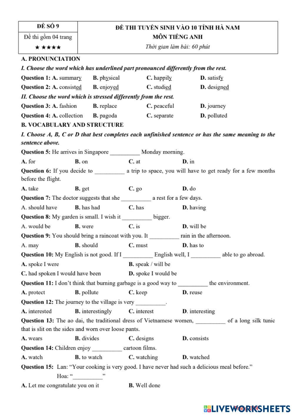 Đề hướng dẫn chi tiết 9 Chinh phục | Live Worksheets