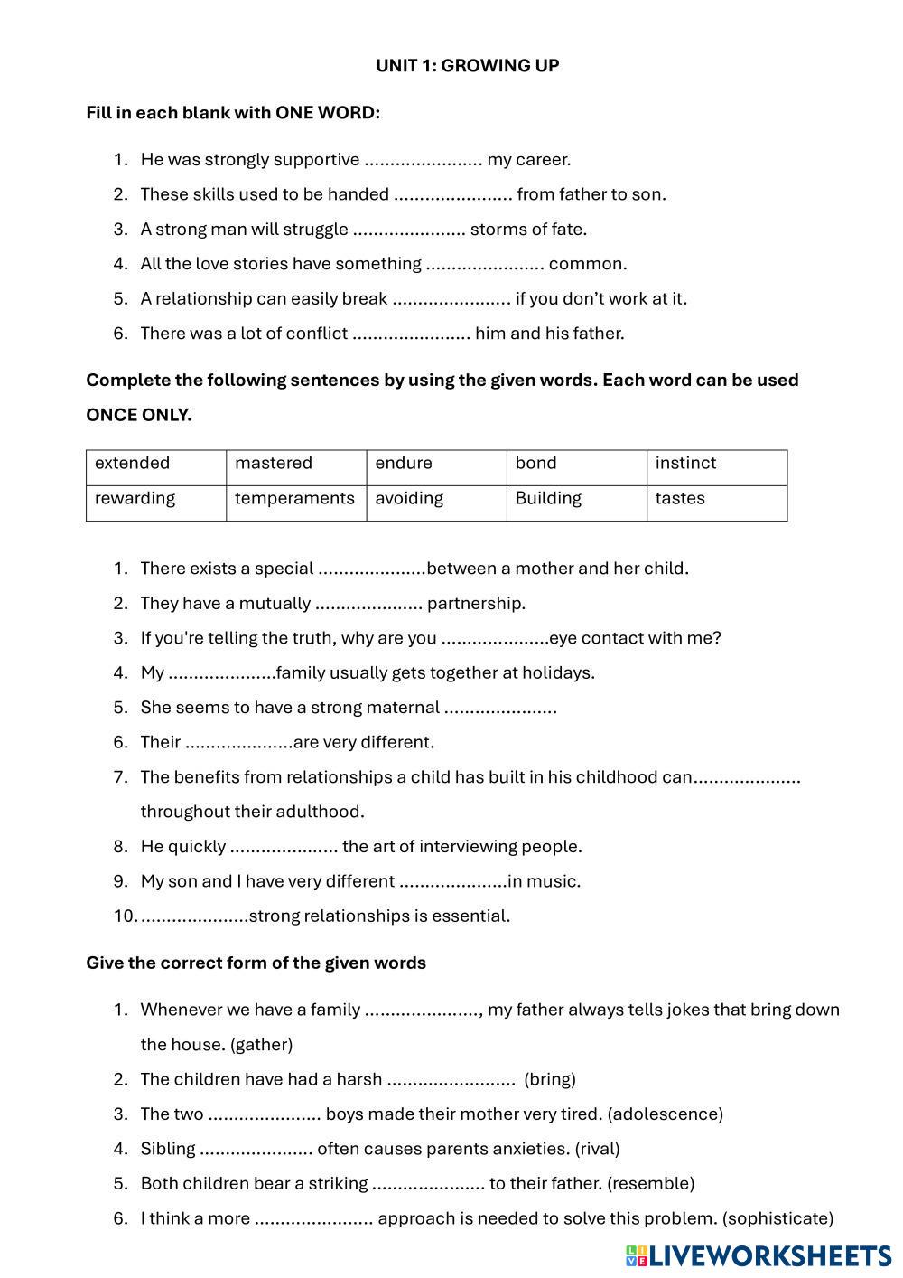 CAMBRIDGE VOCABULARY UNIT 1 | Live Worksheets