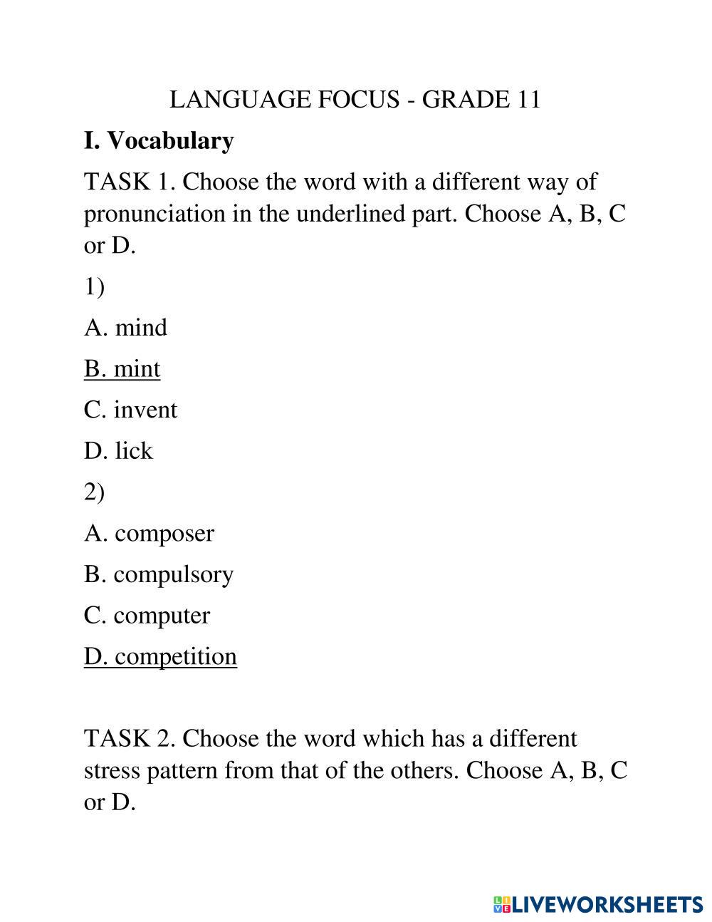 English test grade 11 | Live Worksheets