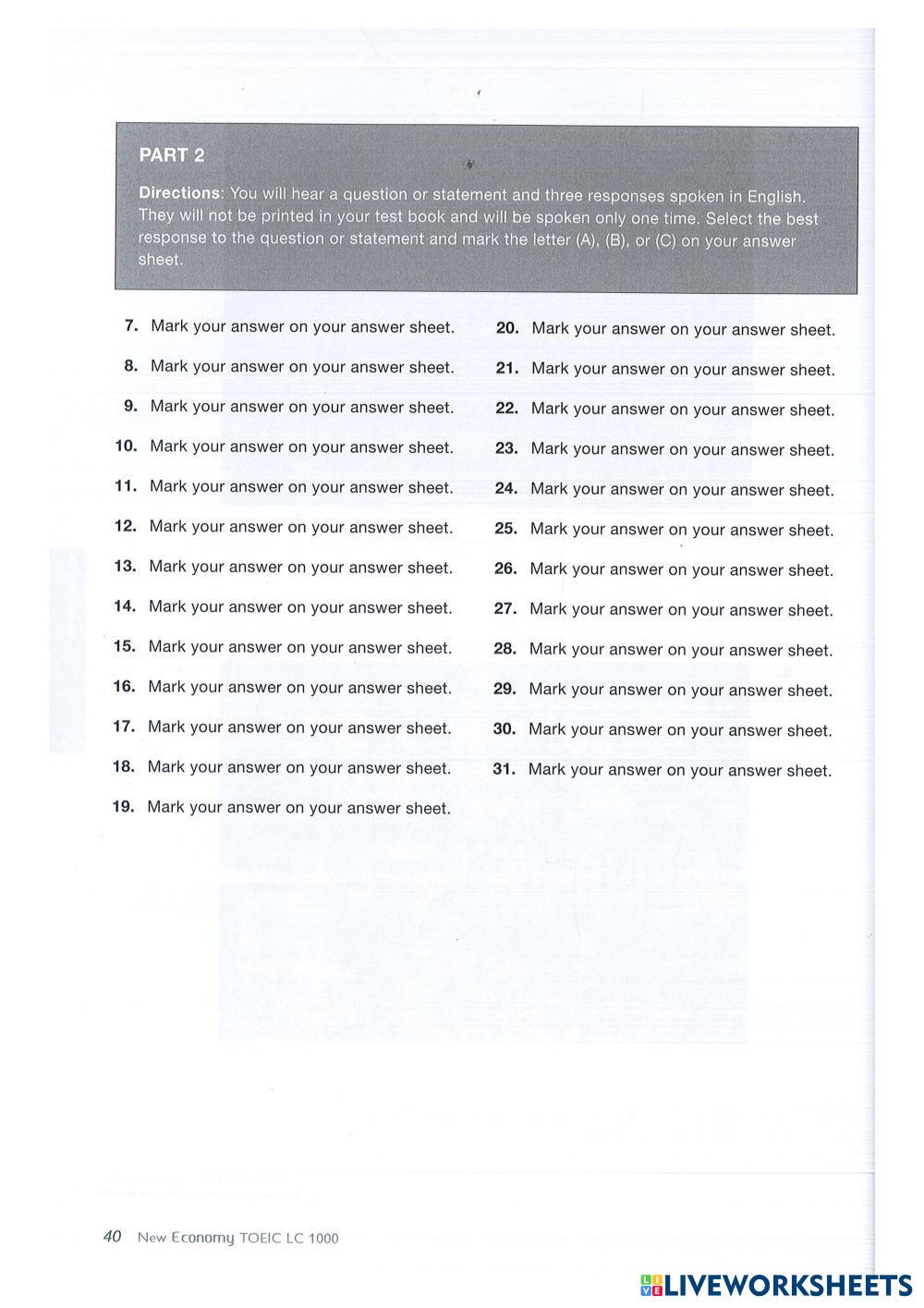 TOEIC-TEST 3-PART 2 | Live Worksheets