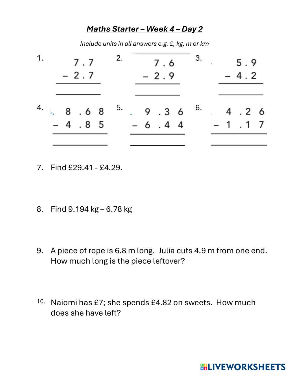 Maths Starter - Week 4 - Day 2 | Live Worksheets