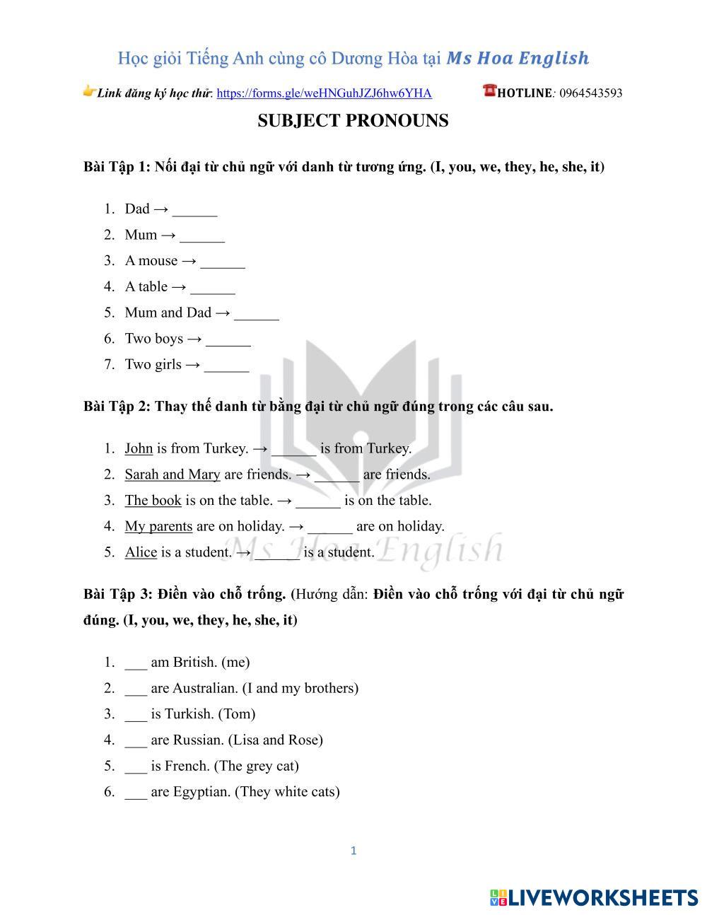 Subject Pronouns | Live Worksheets