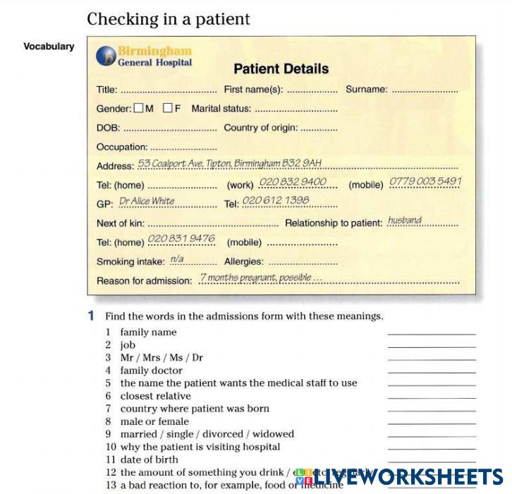 Patient details | Live Worksheets