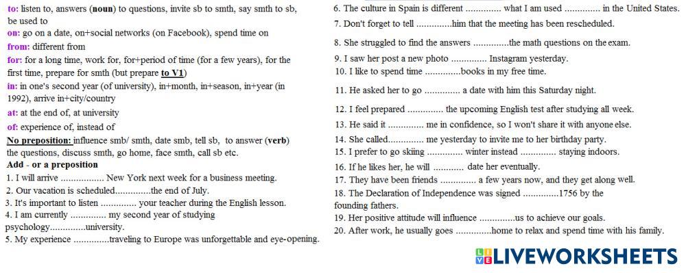 for,to,of,in,at,from | Live Worksheets