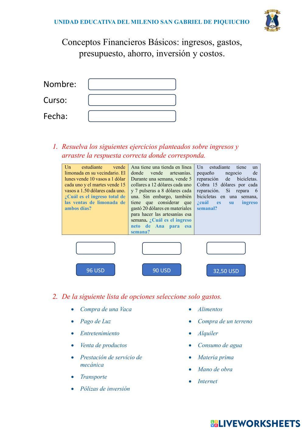 Conceptos Financieros Básicos | Live Worksheets