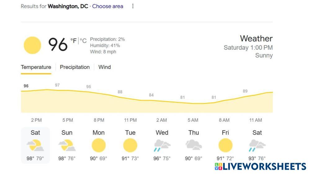 Weather Forecast (summer) for DC | Live Worksheets