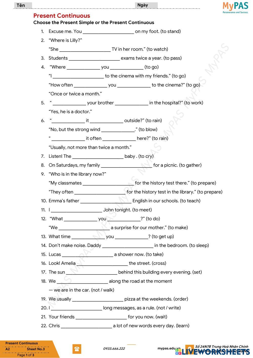 Present Continuous Sheet No.3 | Tieng Anh MyPAS | Live