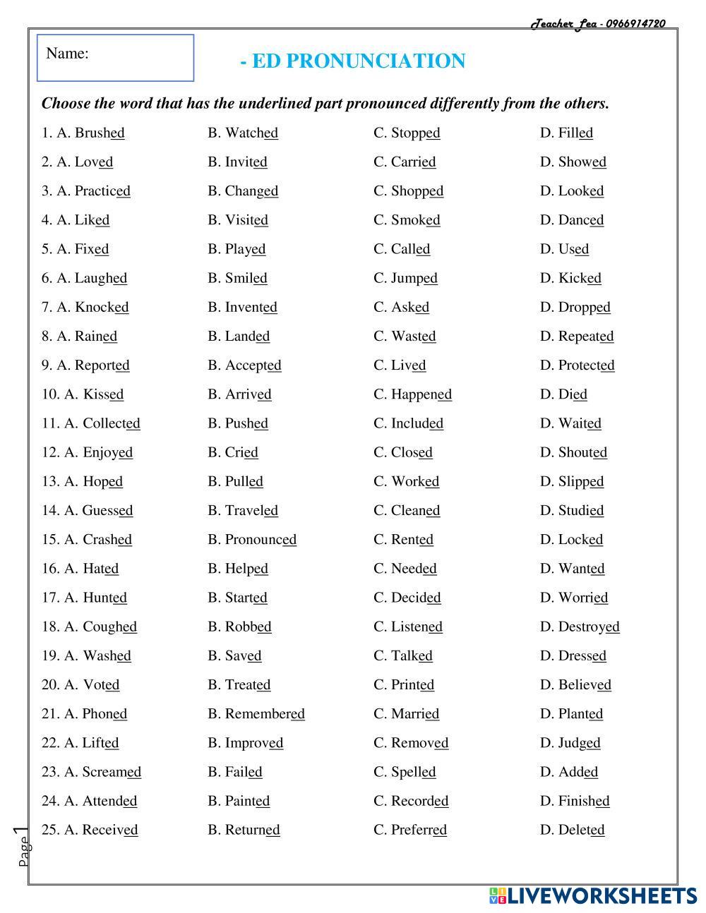 -ED PRONUNCIATI… | Free Interactive Worksheets | 7752582