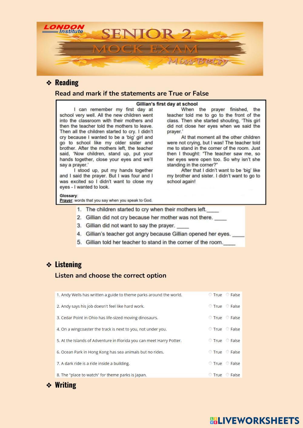 Senior 2 - mock exam | Live Worksheets