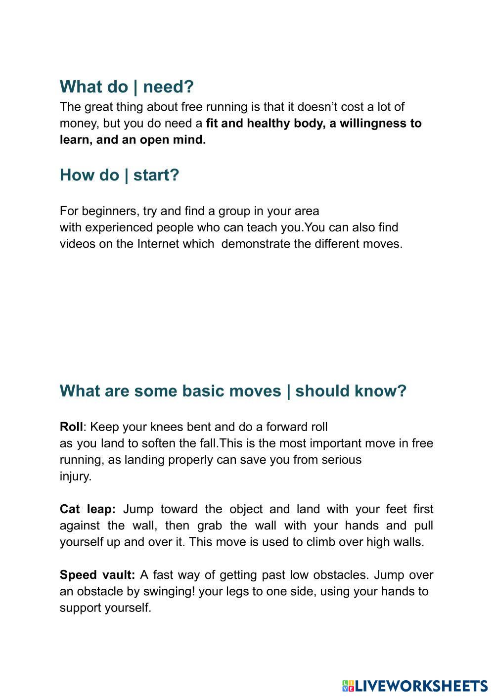 FREE RUNNING | Free Interactive Worksheets | 7754325