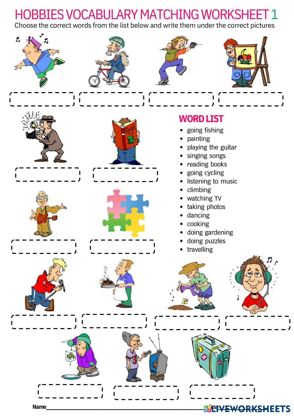 hobbies matching | Free Interactive Worksheets | 7757733