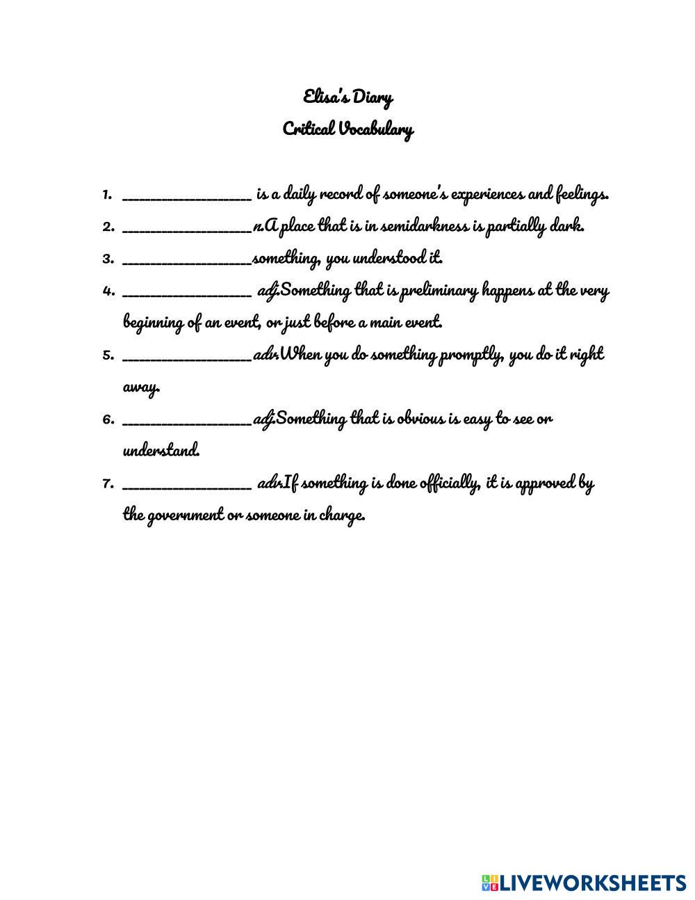 Elisa’s Diary | Free Interactive Worksheets | 7758769