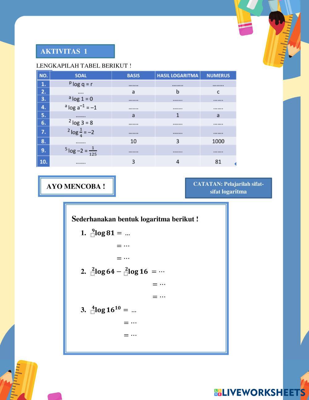 logaritma | Free Interactive Worksheets | 7762329