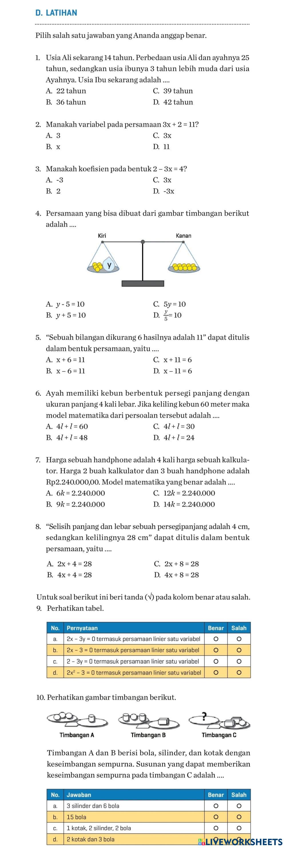 Latihan 1 PLSV | Free Interactive Worksheets | 7761971