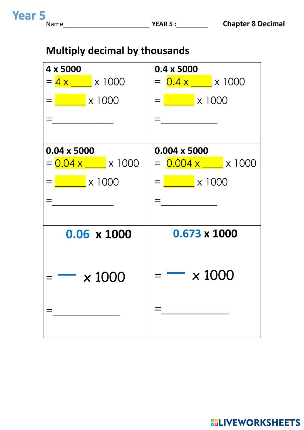 YR5 MULTIPLY DECIMALS THOUSANDS | Live Worksheets