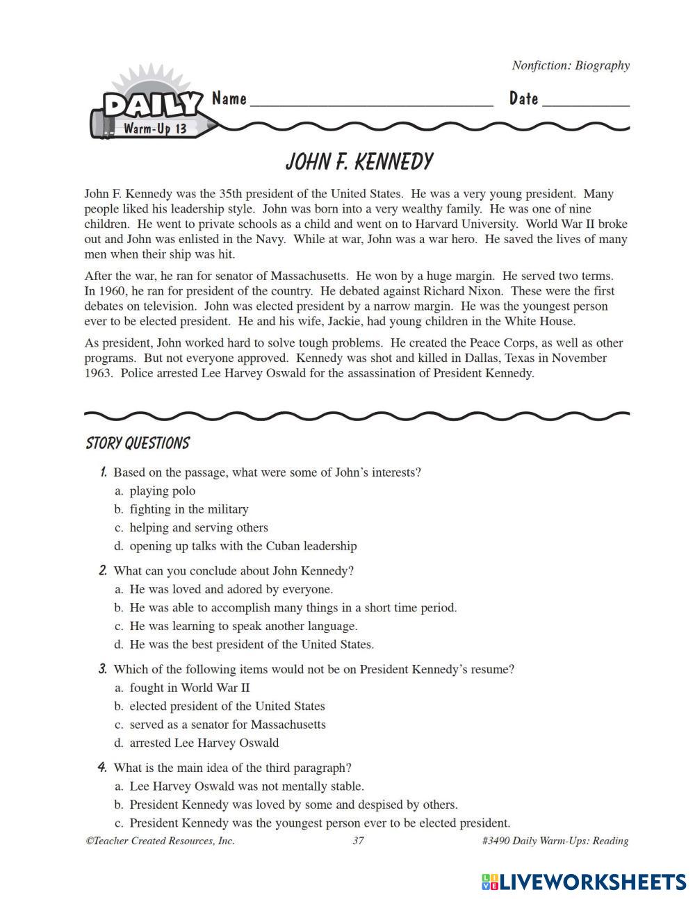 DAILY 4 - BIOGRAPHY - John F. Kennedy | LiveWorksheets DAILY 4 - BIOGRAPHY - John F. Kennedy | LiveWorksheets
