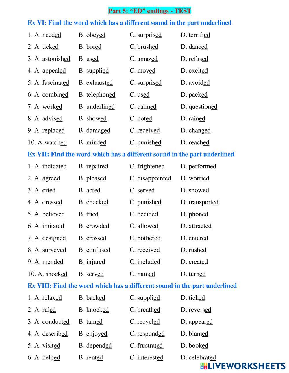 "ED" ENDING.TEST | Live Worksheets