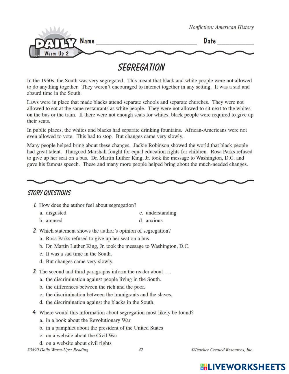 DAILY 4 - AMERICAN HISTORY - Segregation | Live Worksheets