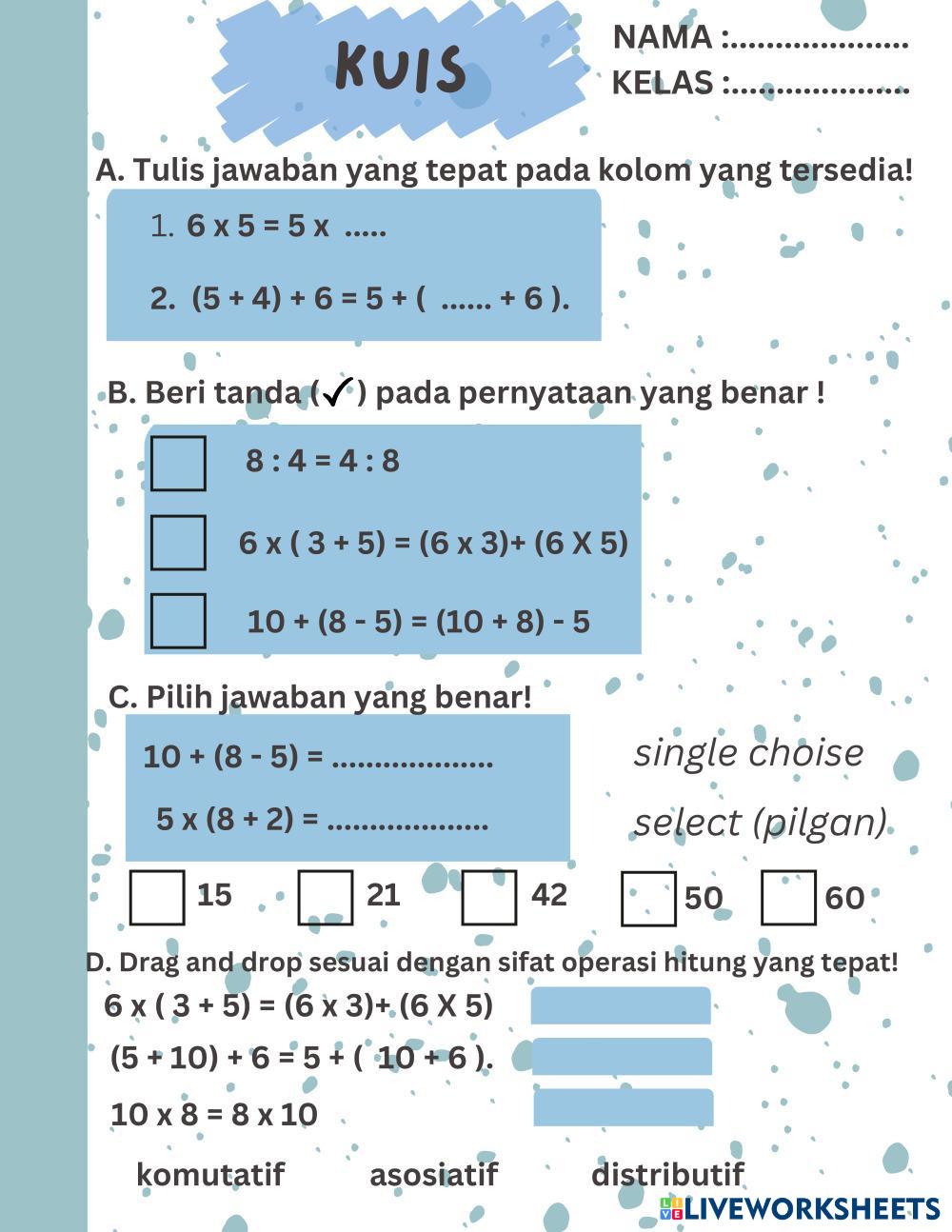 Sifat Operasi Hitung | Live Worksheets