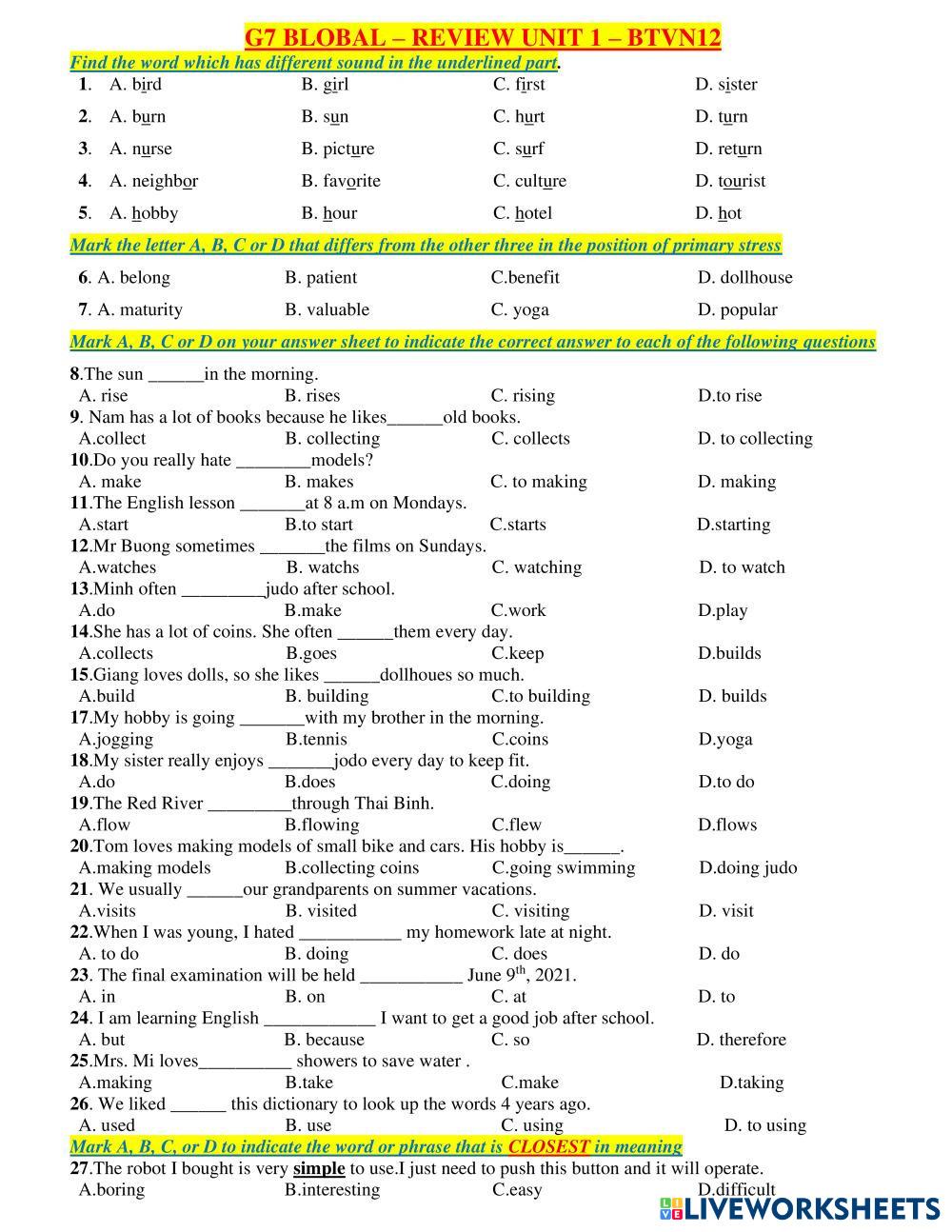 G7-UNIT1.BTVN12 | Free Interactive Worksheets | 7771128