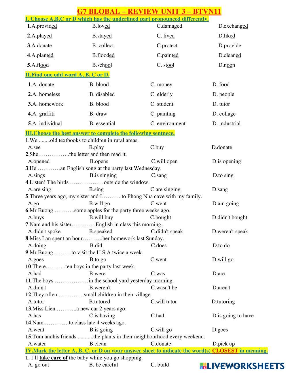 G7-UNIT3.BTVN11 | Live Worksheets