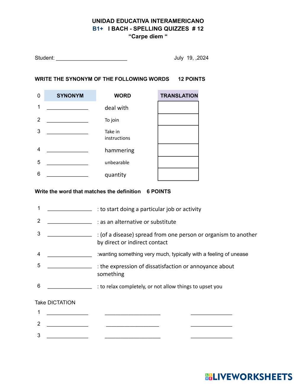 B1+ SPELLING LI… | Free Interactive Worksheets | 7773482