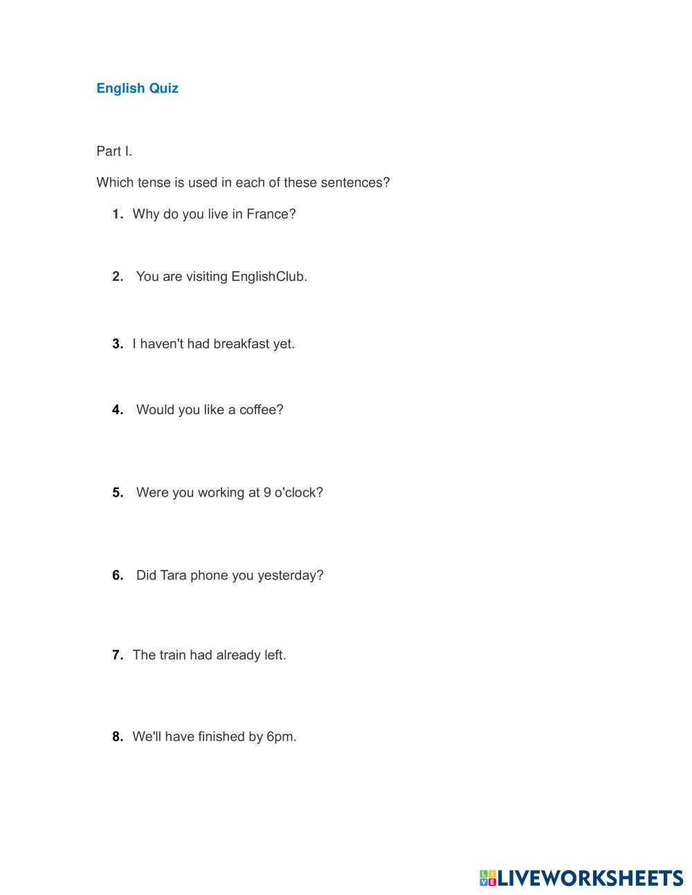 English quiz | LiveWorksheets | 7774600