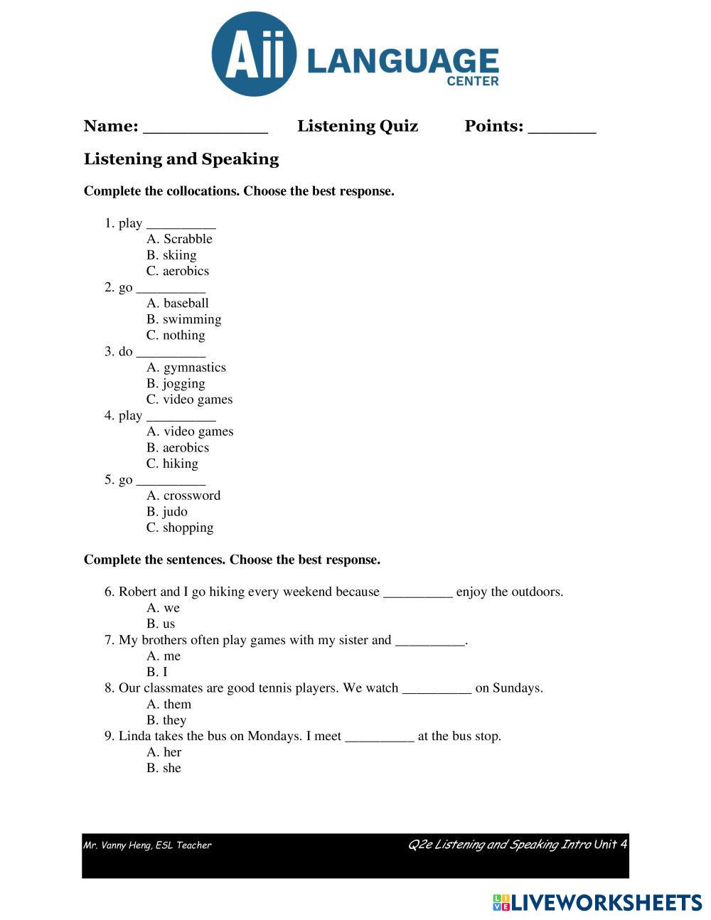 Qskill 2e_Intro 2_Unit 4_Quiz | Live Worksheets