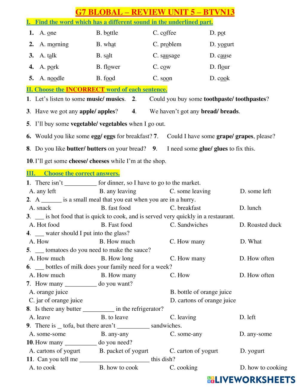 G7-UNIT5.BTVN13 | Live Worksheets