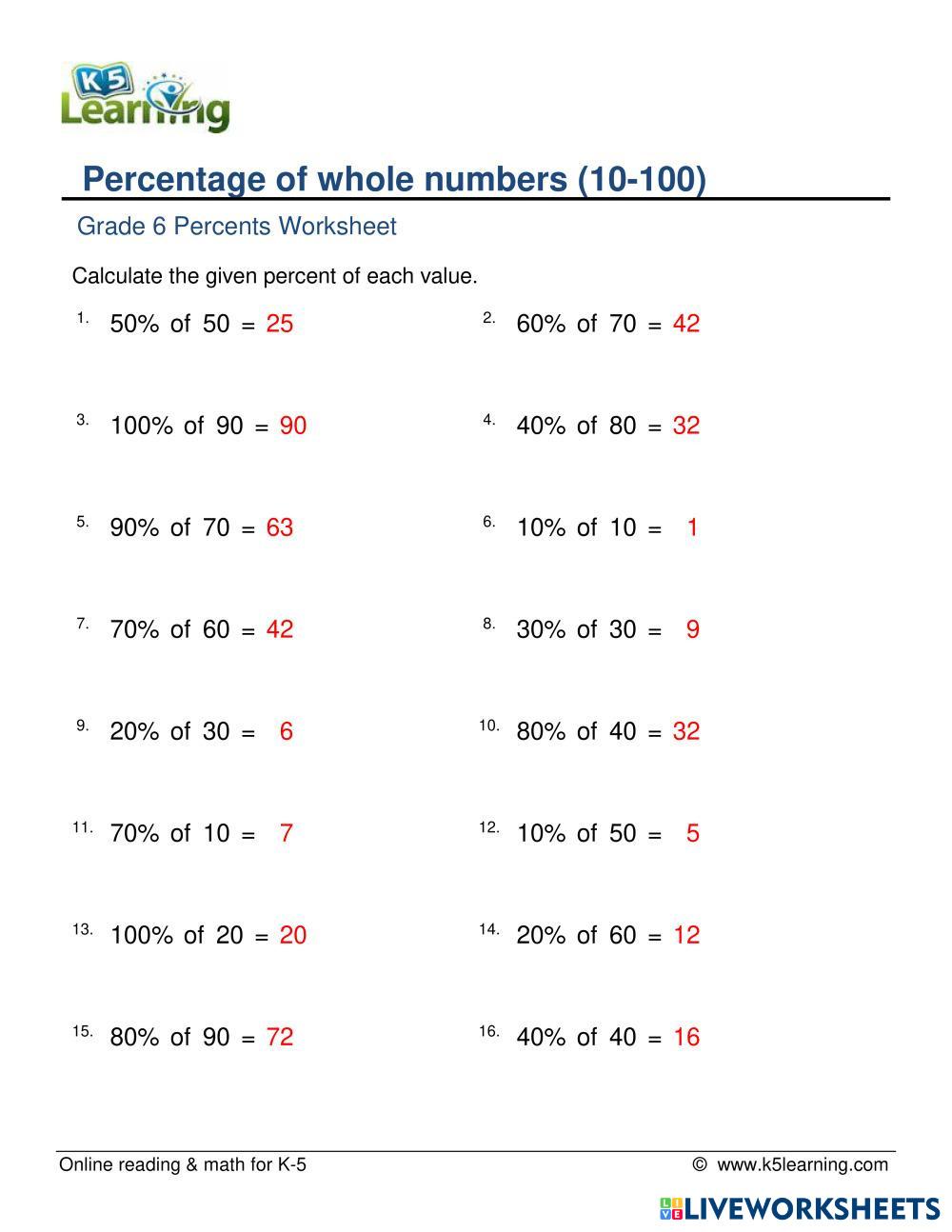 Percentage (Who… | Free Interactive Worksheets | 7777161