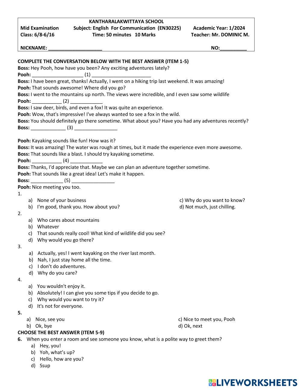 MIDTERM EXAM 20… | Free Interactive Worksheets | 7780142