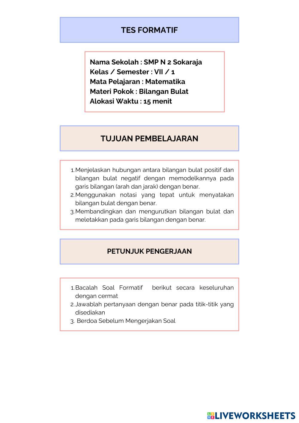 FORMATIF BILANG… | Free Interactive Worksheets | 7780517
