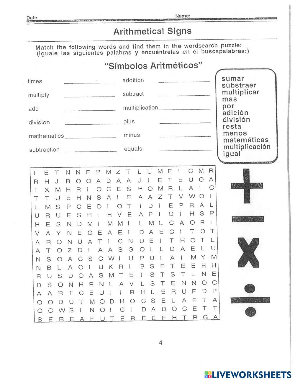 Simbolos Aritmeticos - Arithmetical Sign | Live Worksheets