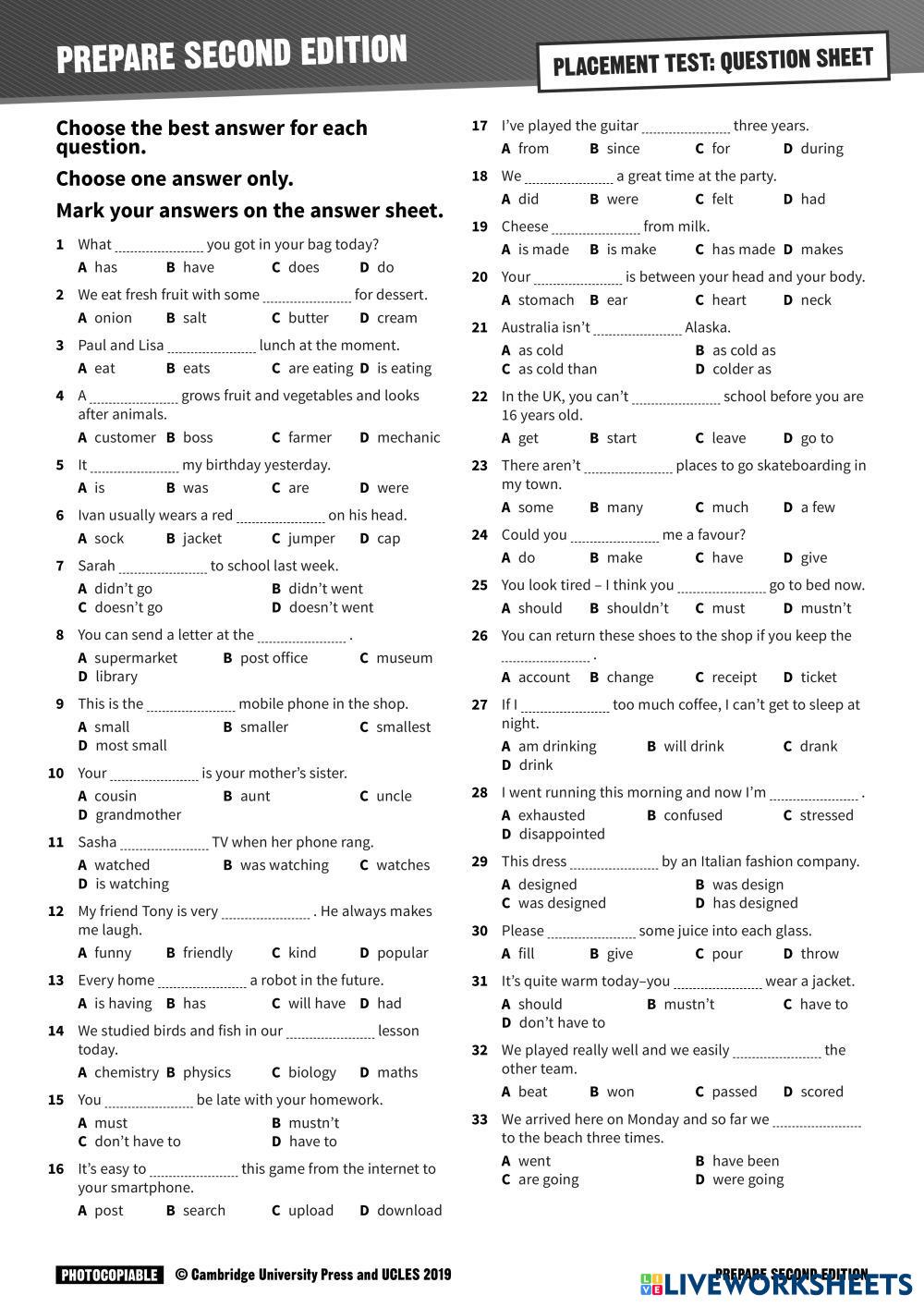 PRE-Placement Test 7797671 | Kriss M | Live Worksheets