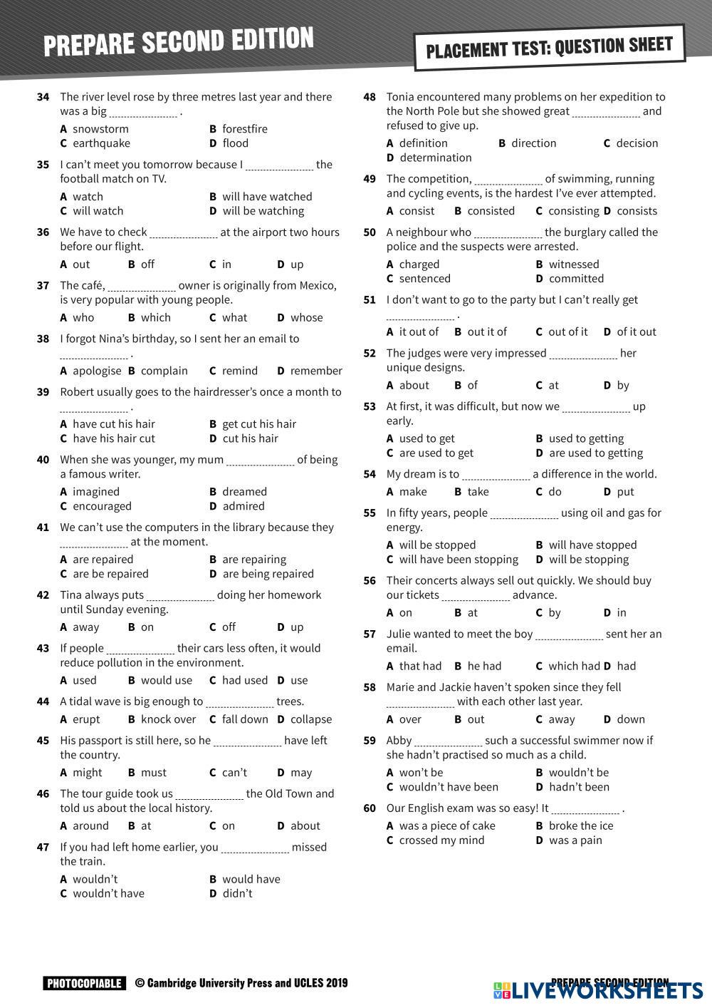 PRE-Placement Test 7797671 | Kriss M | Live Worksheets