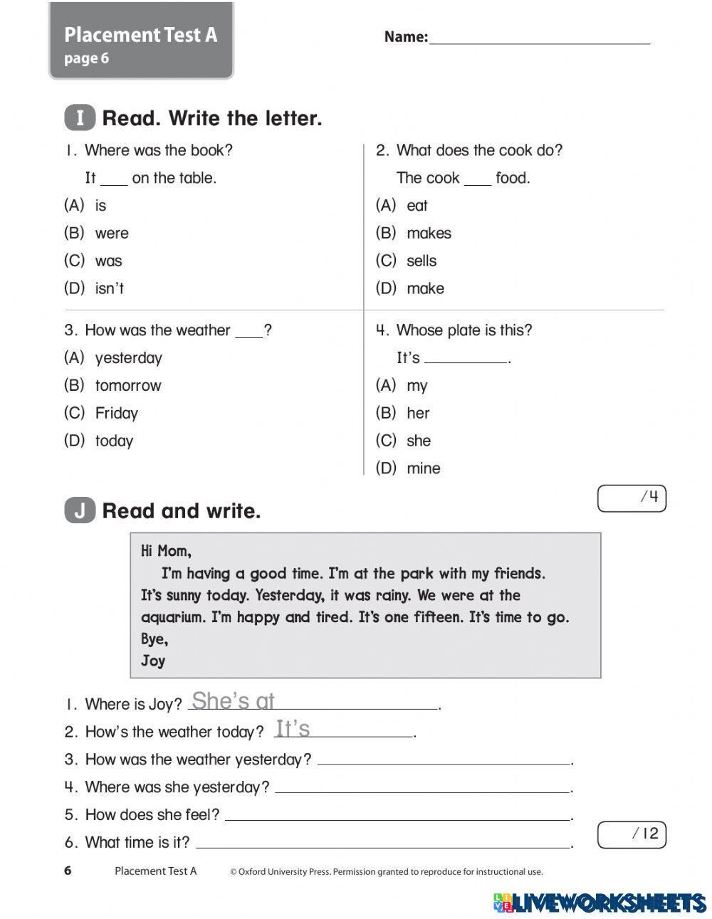 Placement test grade 3-4 | Olga Tiunova | Live