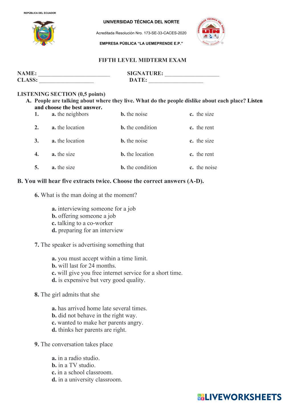 Midterm exam | Free Interactive Worksheets | 7819262