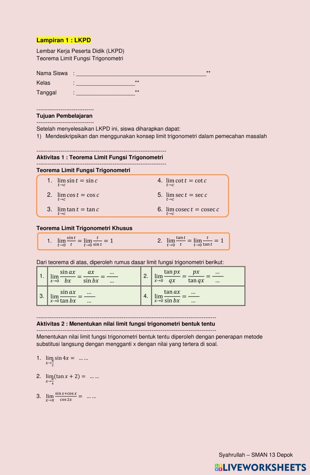 LKPD Menentukan Limit Fungsi Trigonometri 7823315