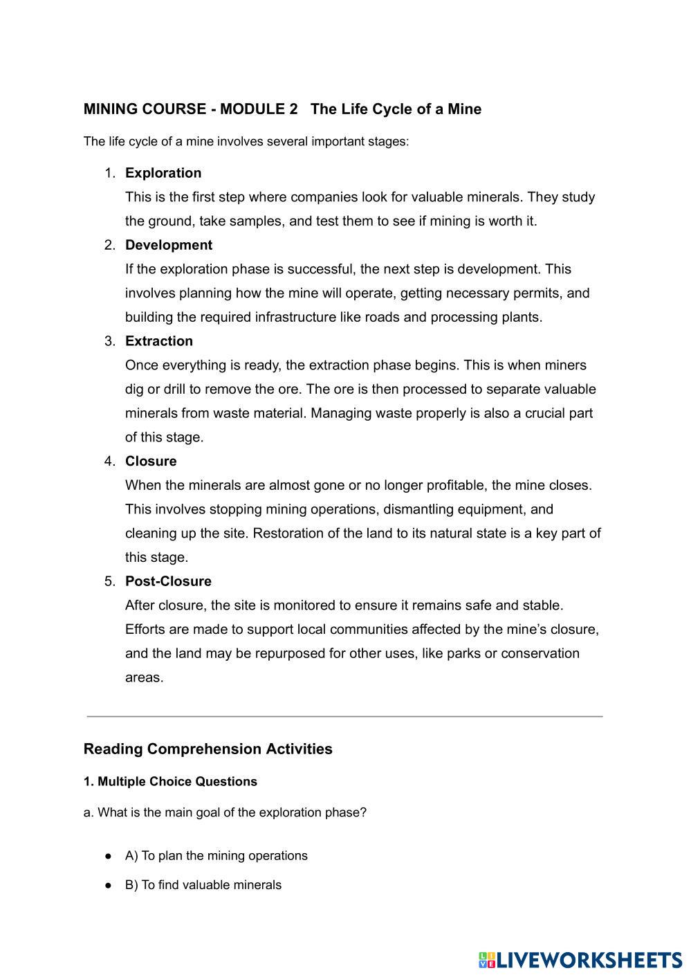 MINING - READING | menecesflorencia | Live Worksheets