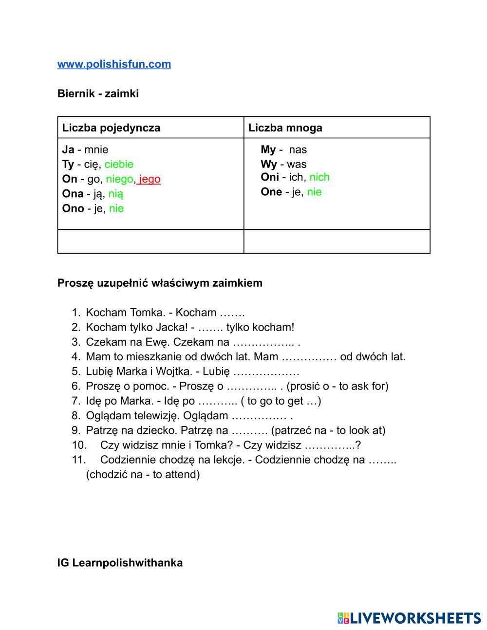 Biernik - zaimk… | Free Interactive Worksheets | 7834557