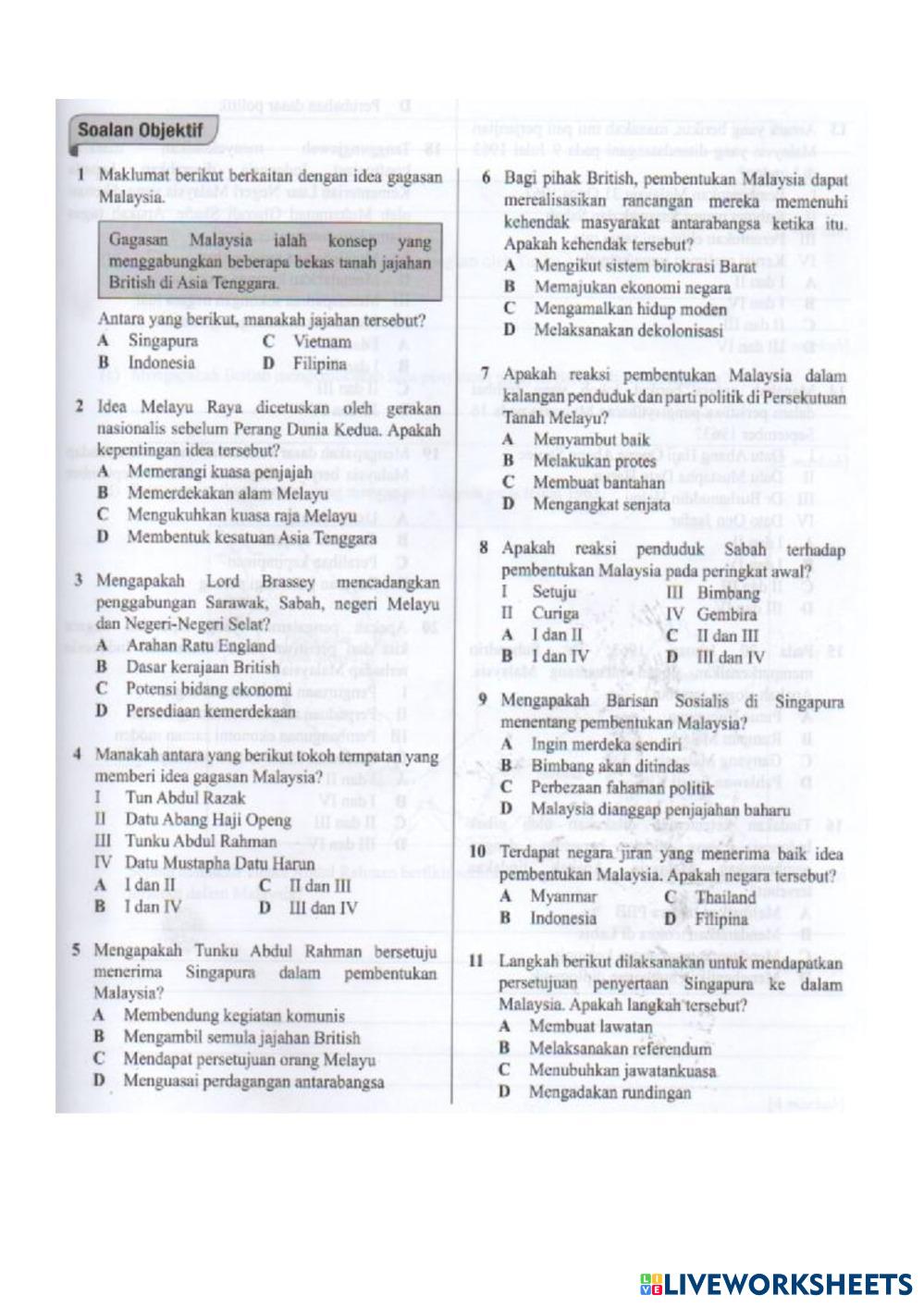 SOALAN OBJEKTIF… | Free Interactive Worksheets | 7841068