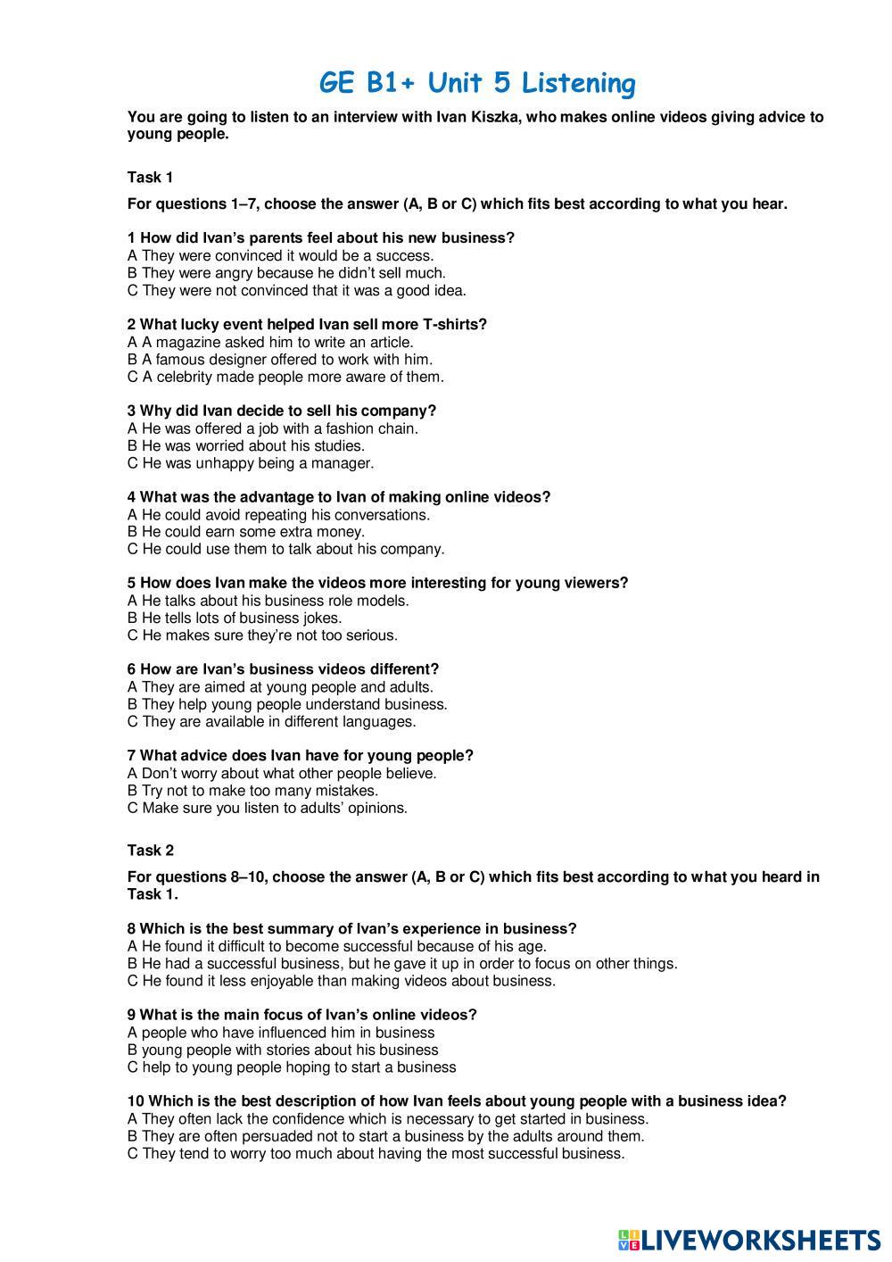 GE B1+ Unit 5 L… | Free Interactive Worksheets | 7841649