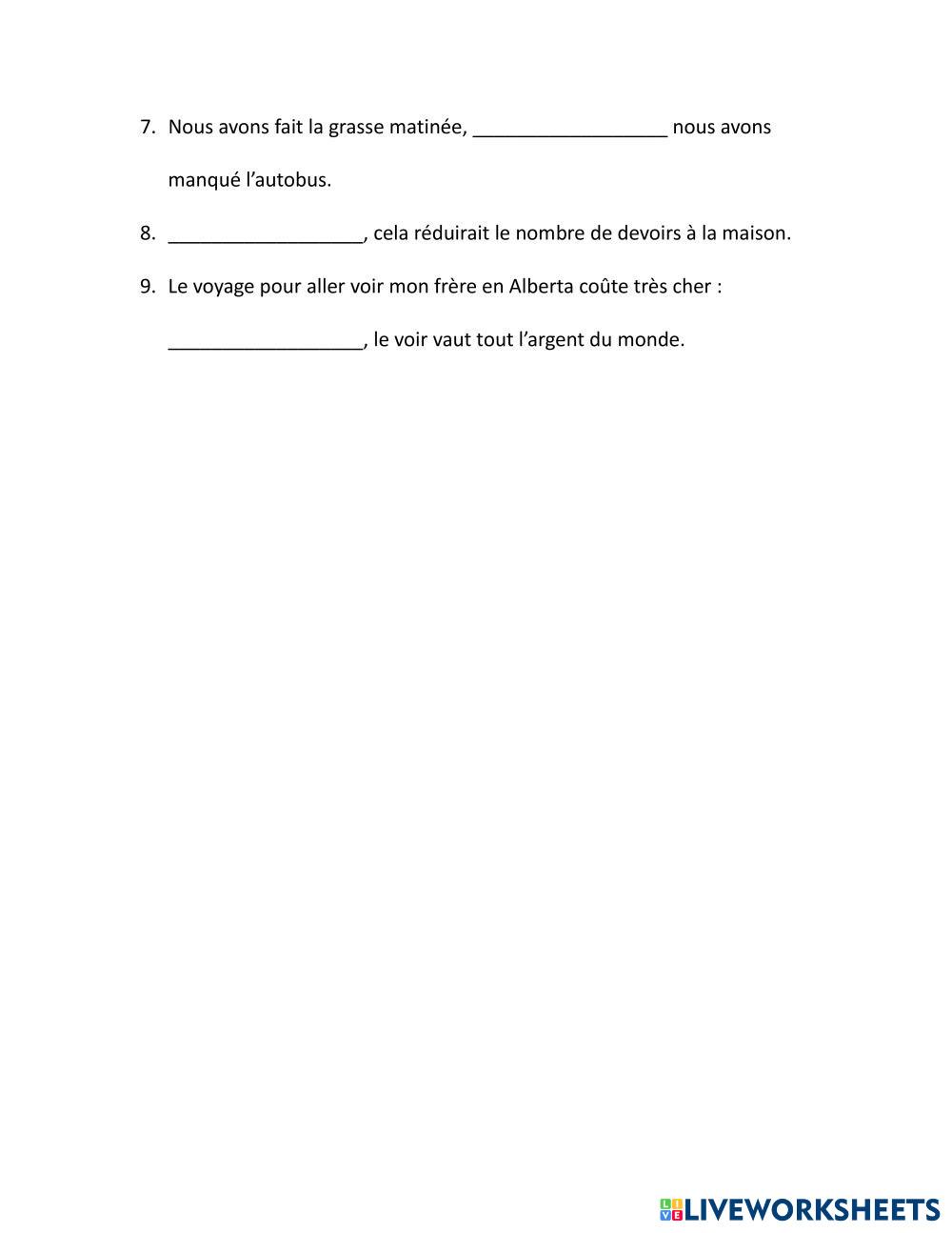 Les conjonctions | Free Interactive Worksheets | 7847118