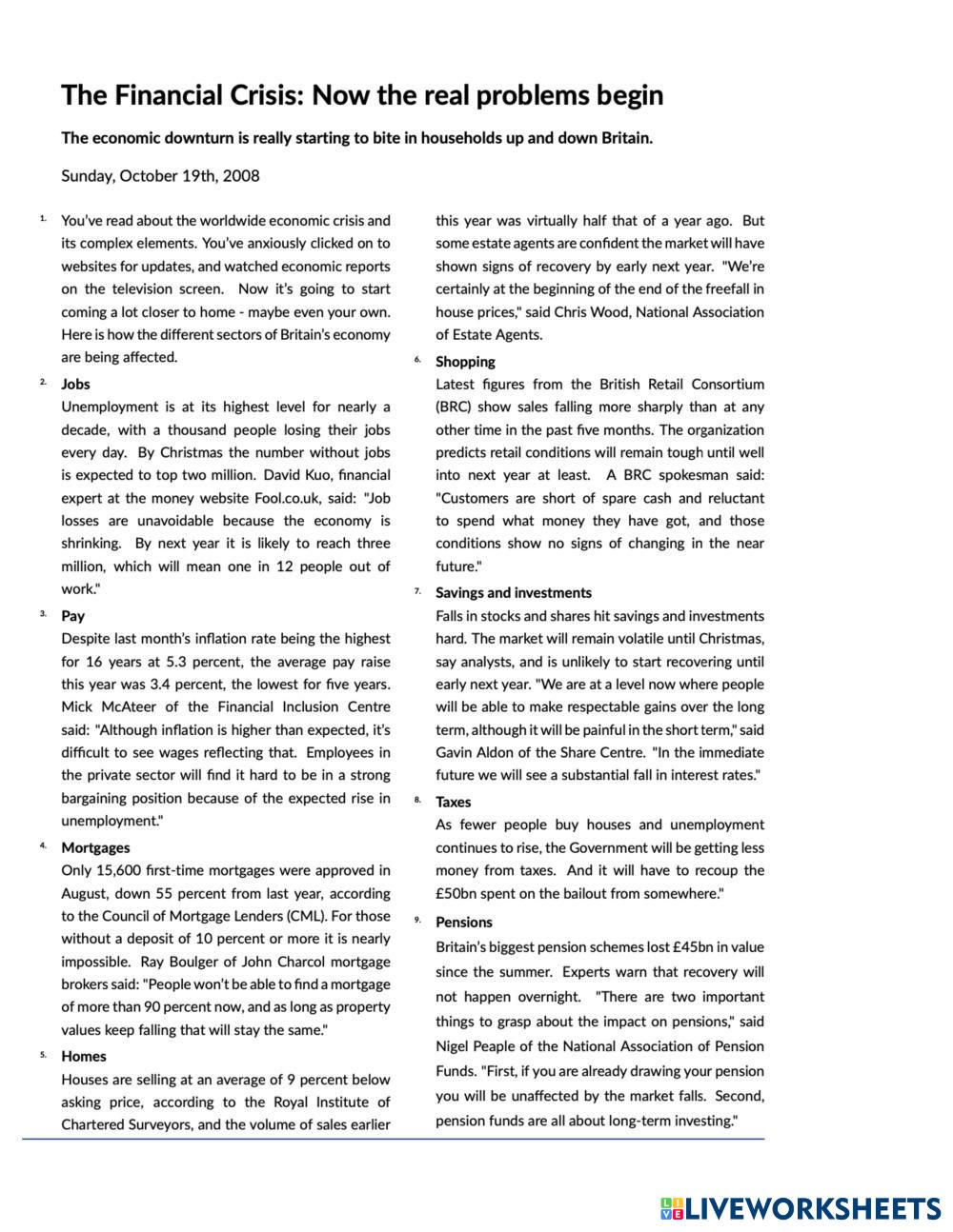 financial crisis | Free Interactive Worksheets | 7854991