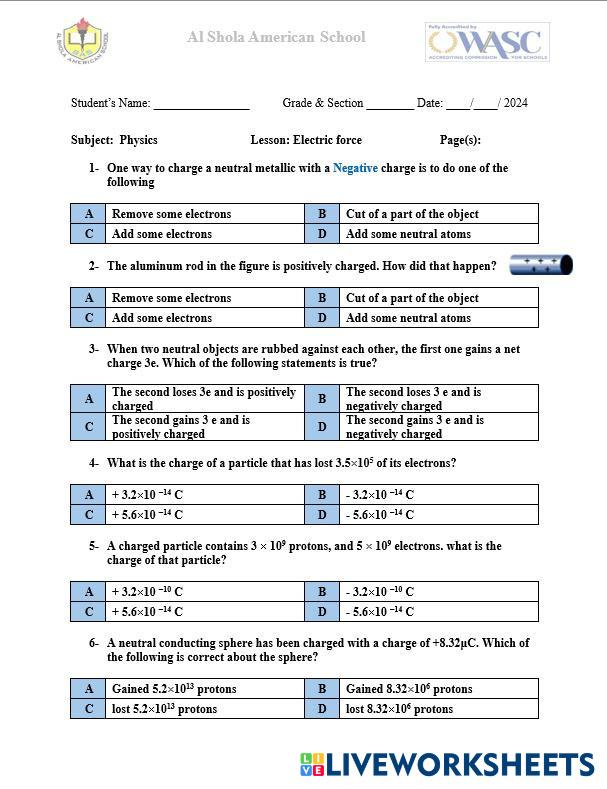 Electrostatics | Free Interactive Worksheets | 7858671