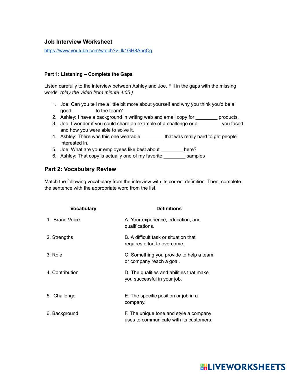 Video Interview | Free Interactive Worksheets | 7864454